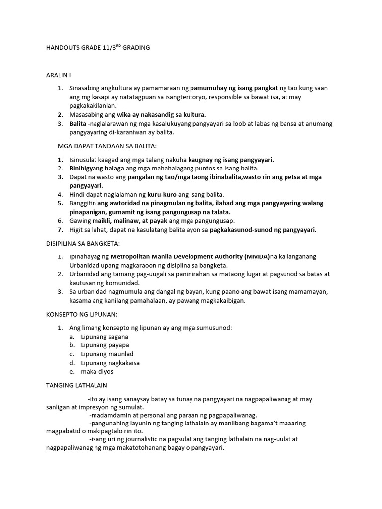 HANDOUTS-GRADE-11-3RD-filipino | PDF