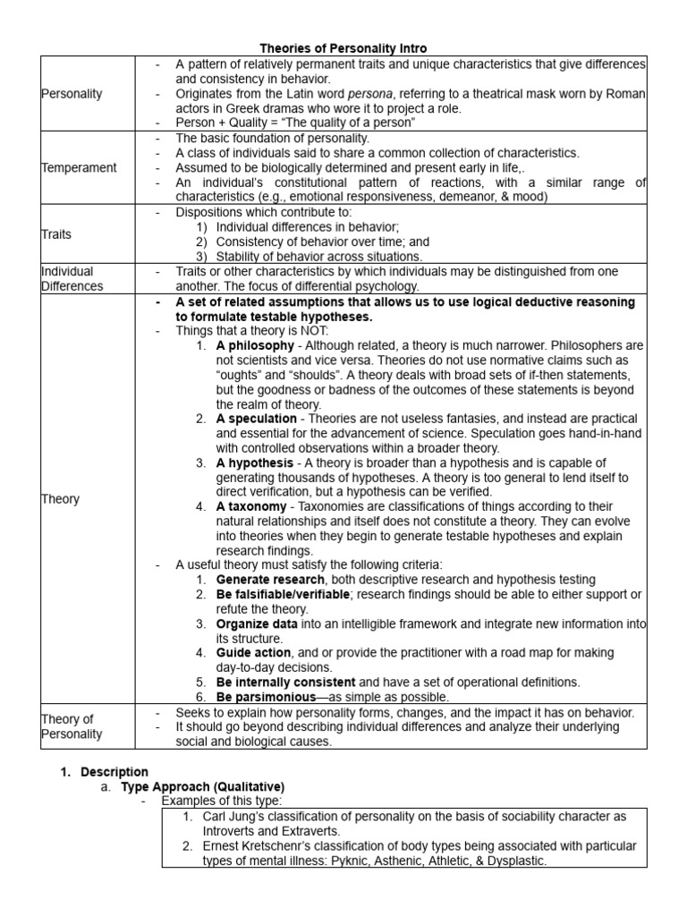 Ateneo de Zamboanga Theories of Personality Overview | PDF | Psychology | Behavioural Sciences
