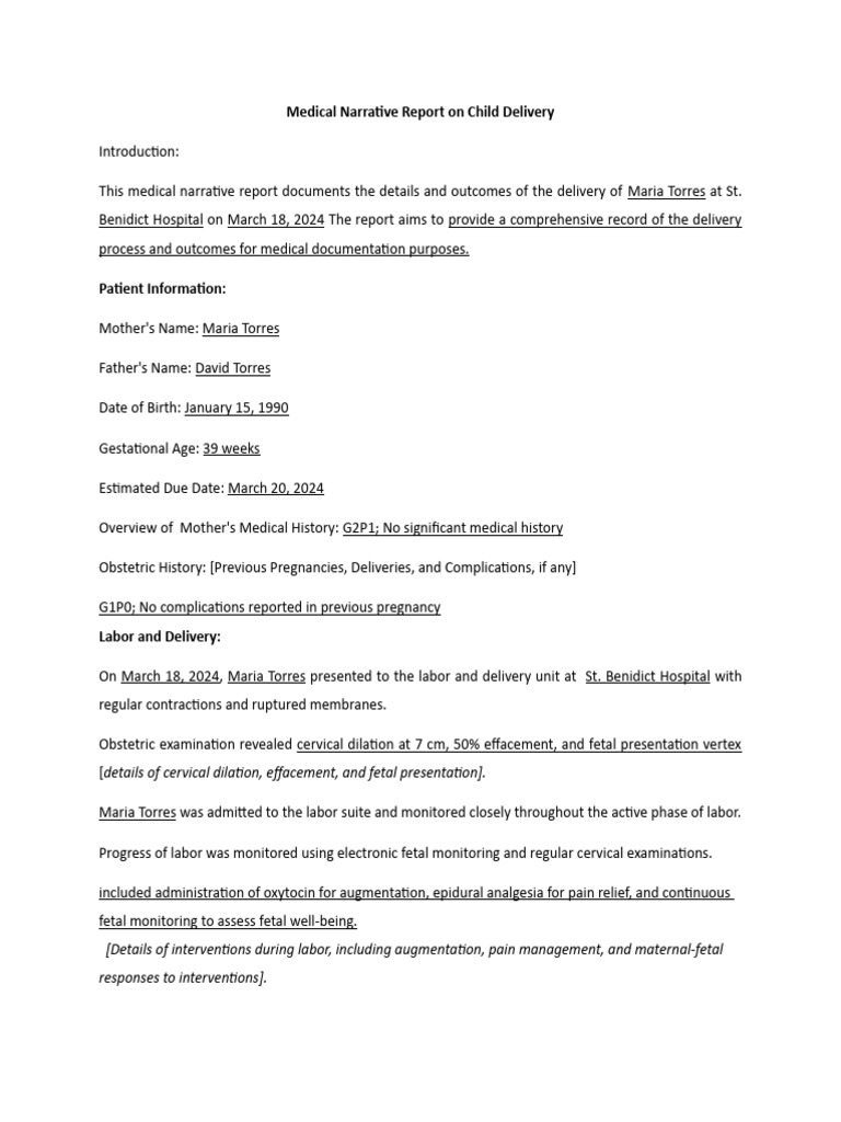 Medical Narrative Report On Child Delivery | PDF | Childbirth | Obstetrics