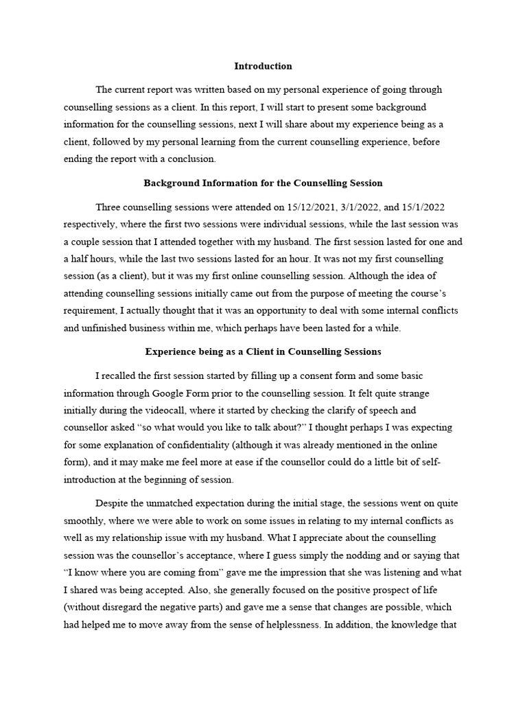 Personal Reflection on Counseling Experience | PDF | Thought | Experience