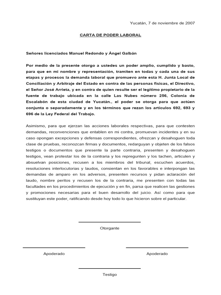 Modelo Carta de Poder Laboral | PDF | Política | Religión y espiritualidad