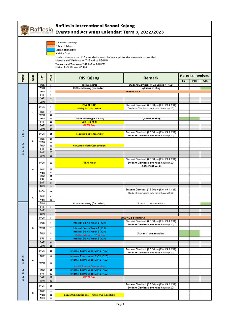 02 Events and Activities Calendar Term 3 2022 2023 - Parent | PDF