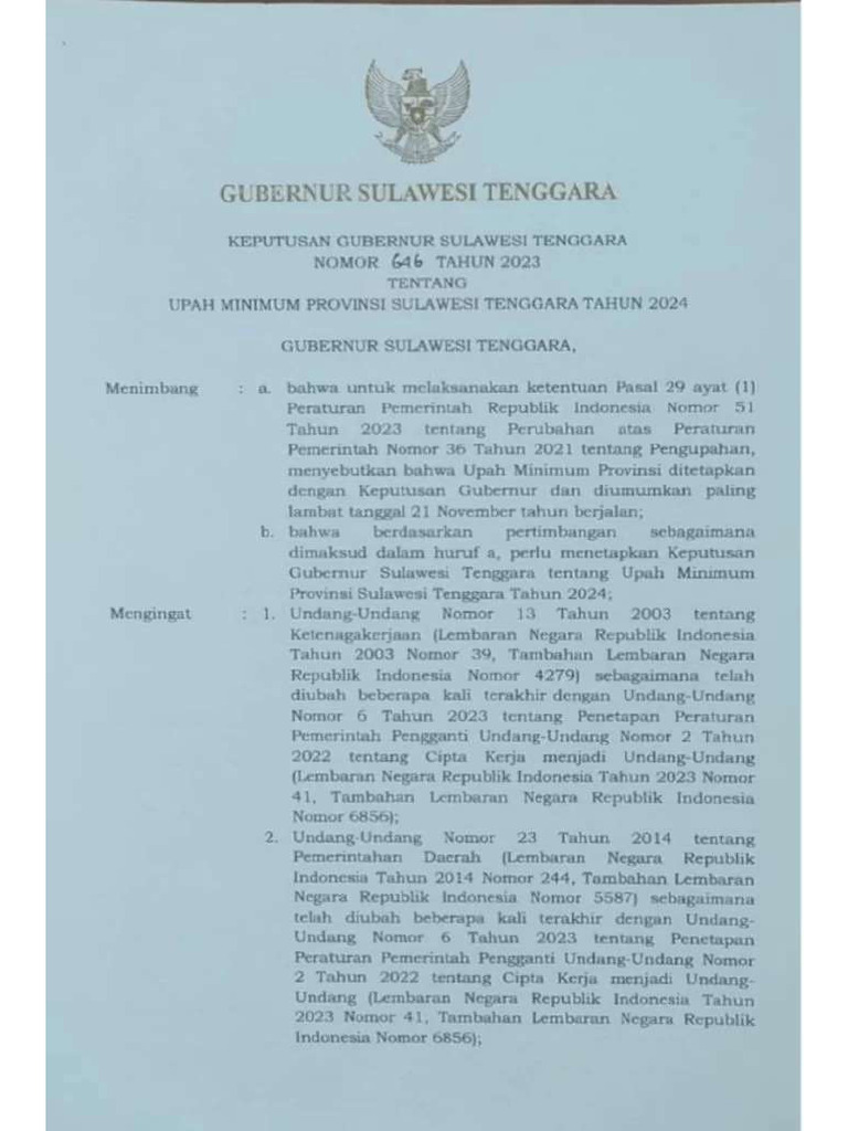 SK Gubernur Sultra Umk Tahun 2024 | PDF