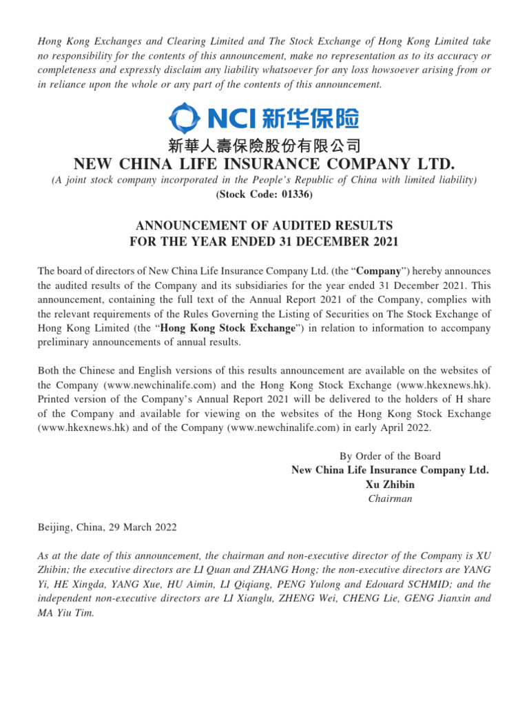New China Life Insurance Company LTD.: Announcement of Audited Results ...