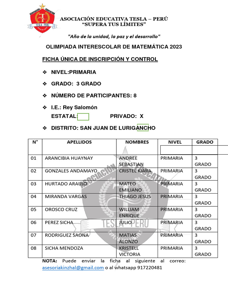 Ficha de Inscripcion 2023 Olimpiadas | PDF