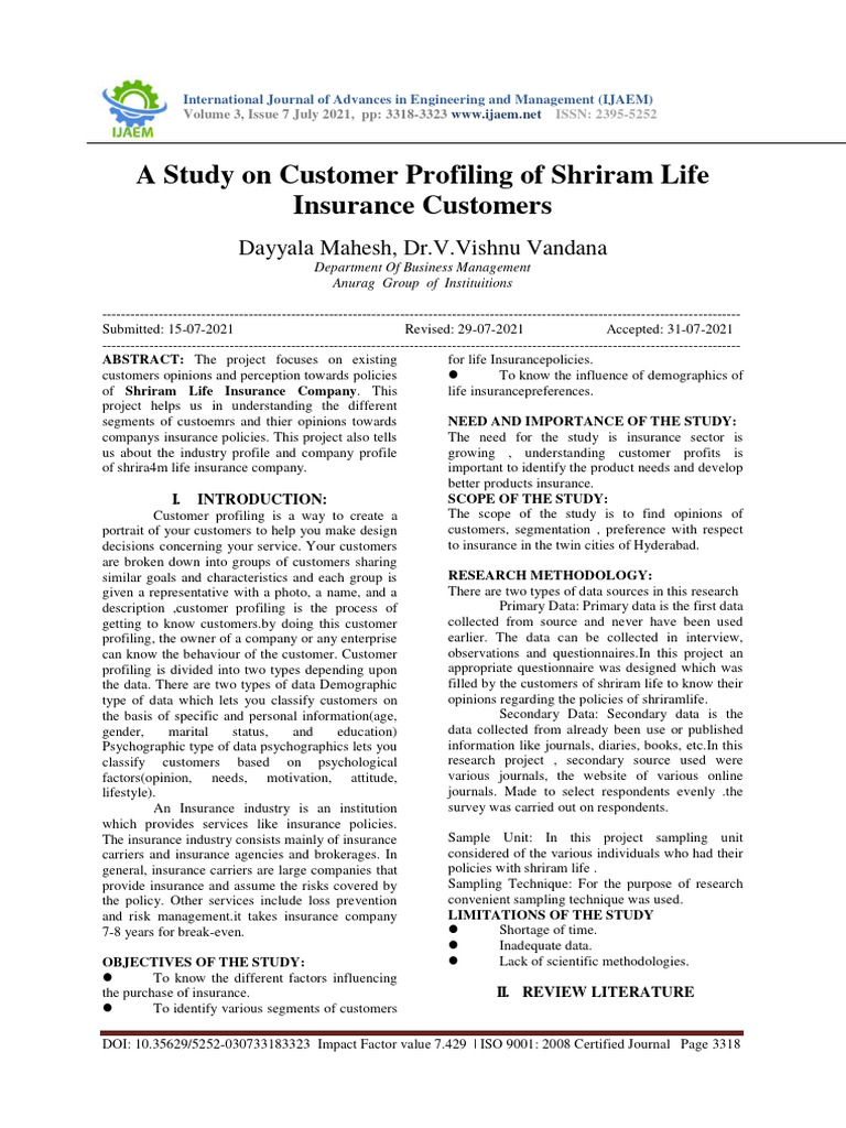A Study On Customer Profiling of Shriram Life Insurance Customers | PDF ...