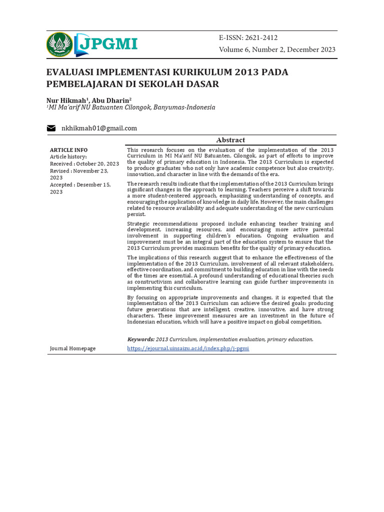 Artikel+7 Evaluasi+Implementasi Nur+Hikmah | PDF | Curriculum | Cognition