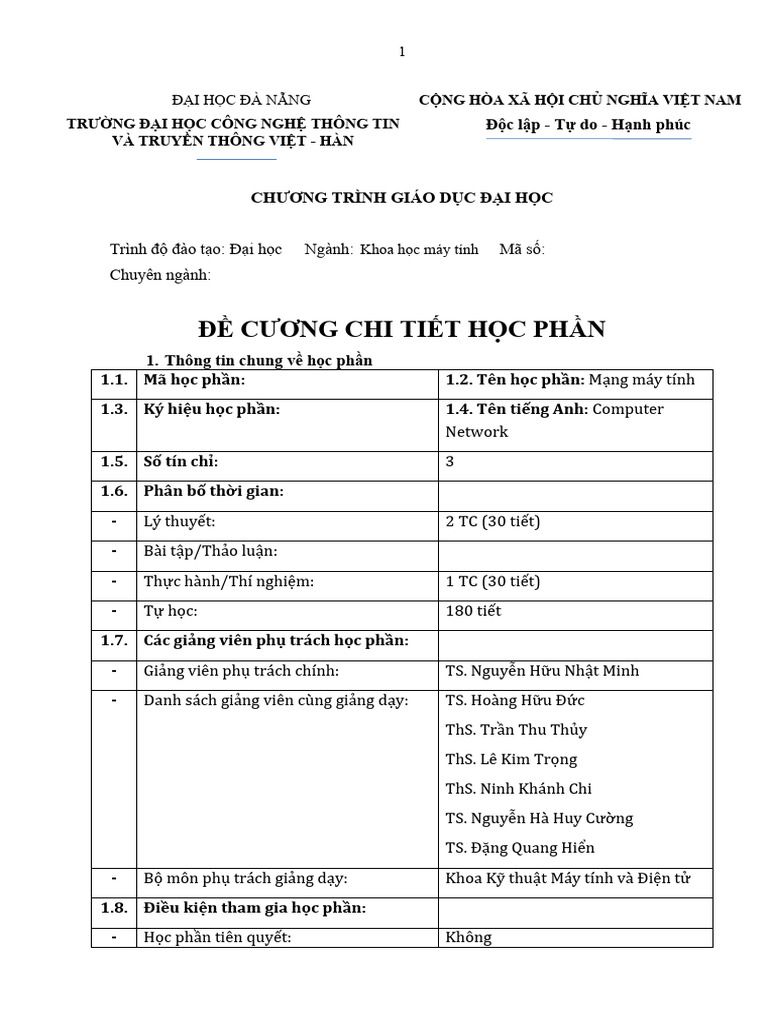 VKU - de Cuong Chi Tiet Mang May Tinh - CLO - 2022.12.23docx | PDF