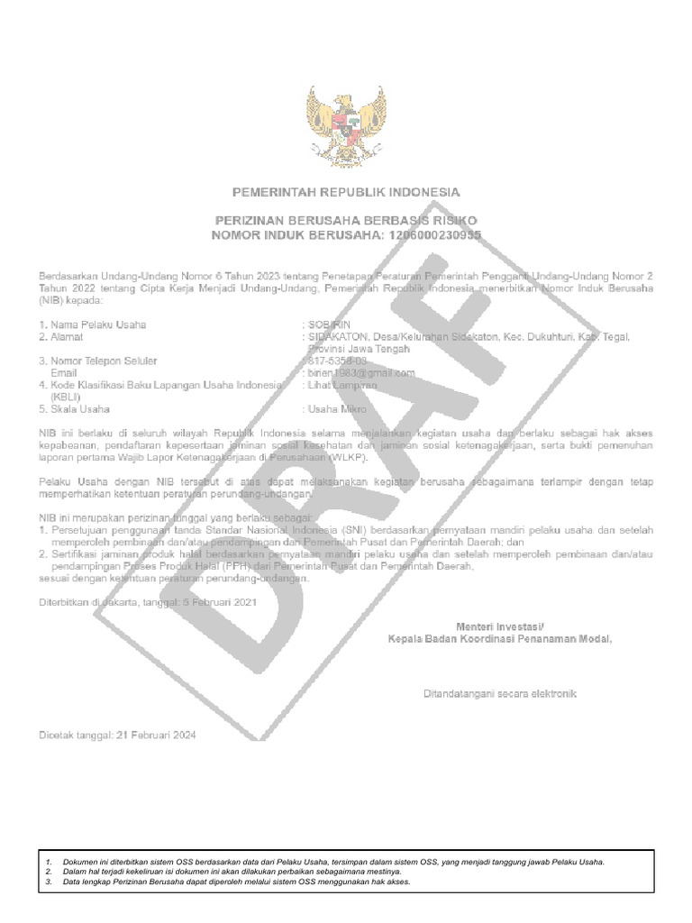 Draft Nib | PDF | Ilmu Sosial | Komputer