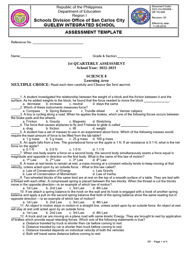 Assessment Template g8 1st QTR | PDF | Electrical Resistance And ...