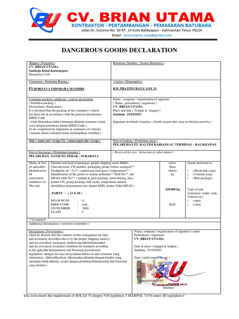 Dangerous Goods Declaration | PDF | Consumer Goods | Water Transport