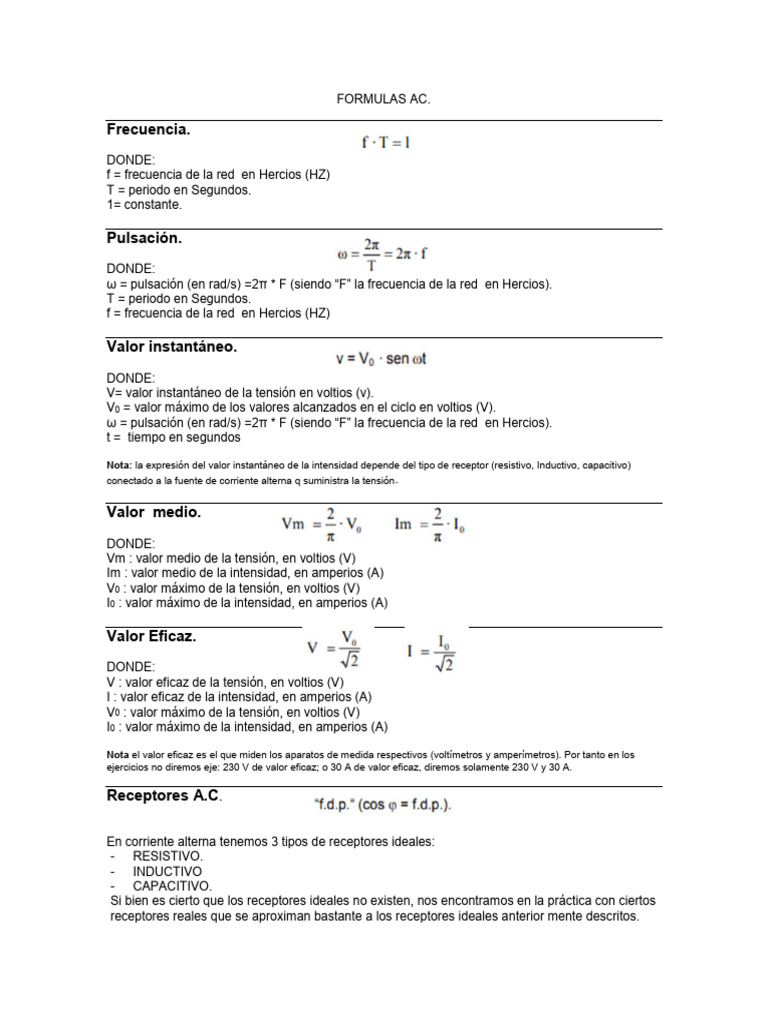 00-Formulas para AC | Descargar gratis PDF | Energia electrica ...