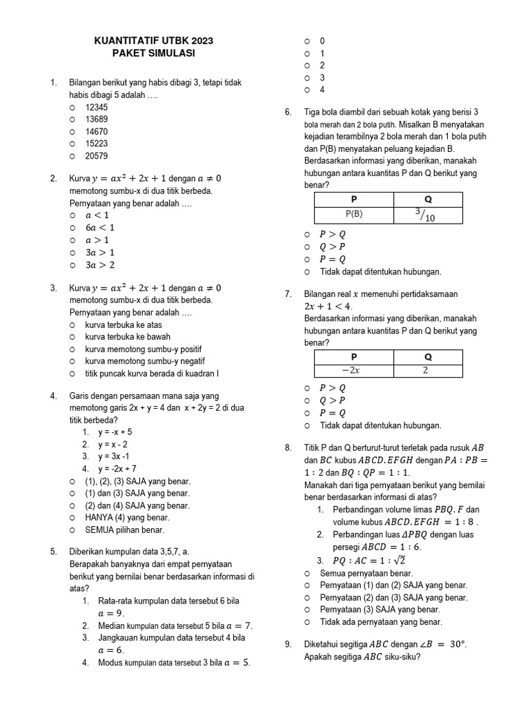 Simulasi UTBK 2023: Soal Kuantitatif dan Penalaran Matematika | PDF