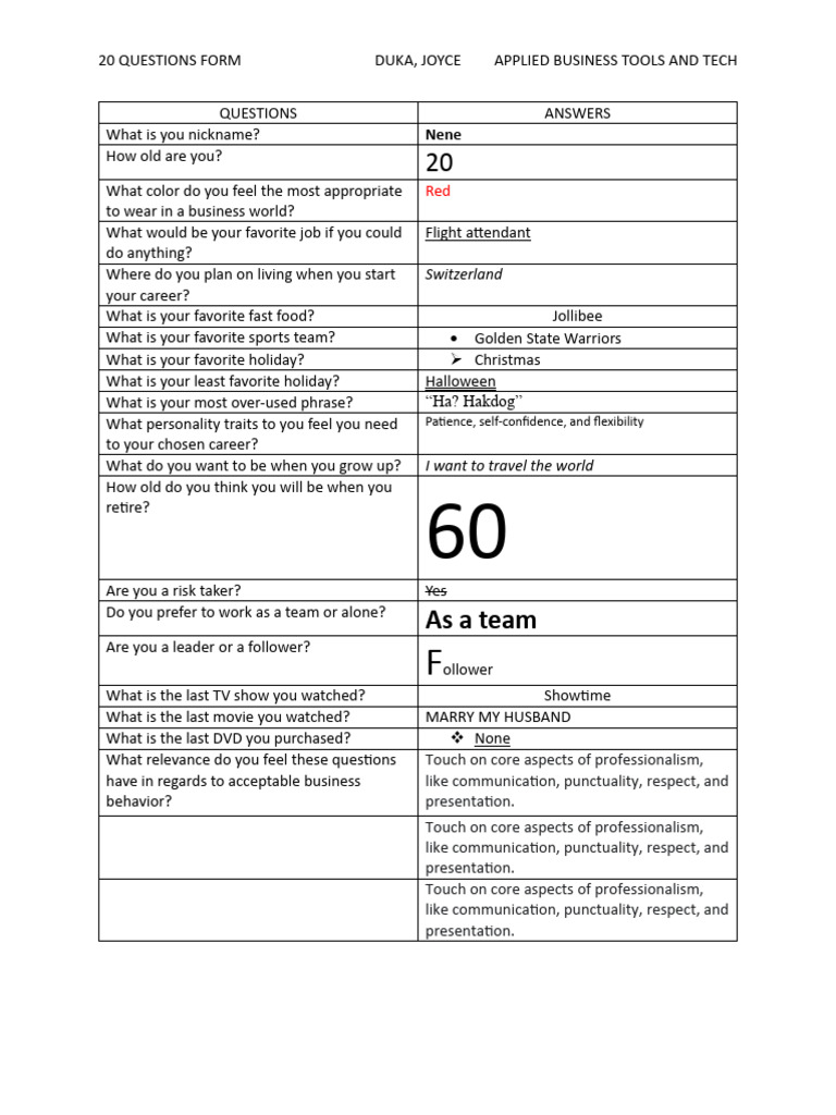 20 Questions Form-Duka | PDF