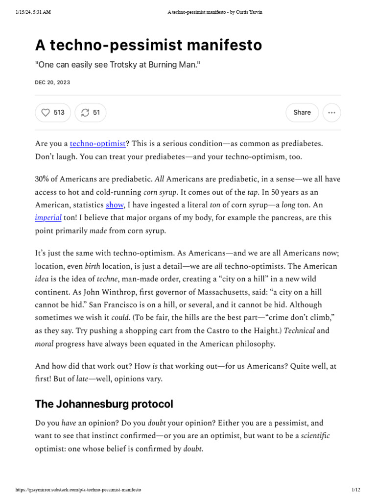 A Techno-Pessimist Manifesto - by Curtis Yarvin | PDF | Human | Optimism
