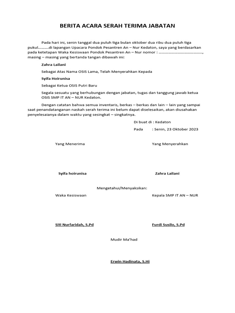 Berita Acara Serah Terima Jabatan Osis | PDF