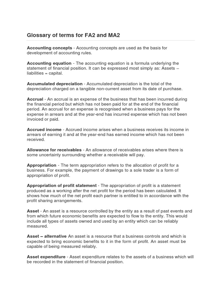 Glossary of Terms For FA2 and MA2 Amended | PDF | Debits And Credits ...