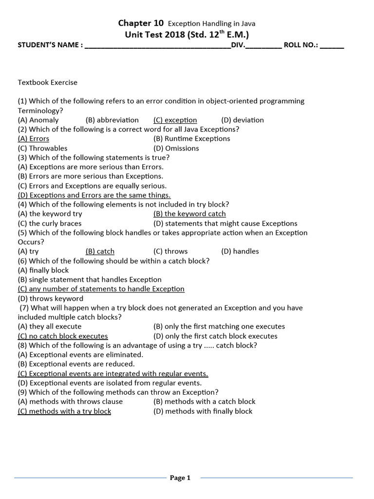 Answer Key 10 46 Que Pdf Class Computer Programming Java Programming Language 6035