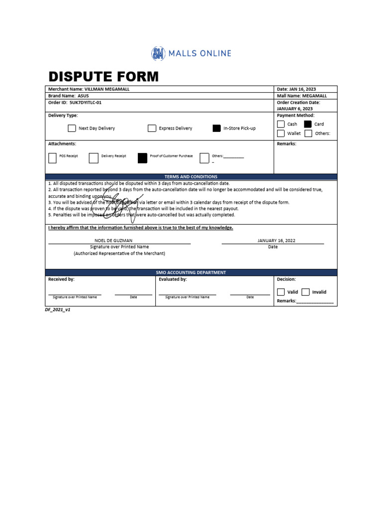 Dispute Form for Merchants | PDF | Receipt | Banking Technology