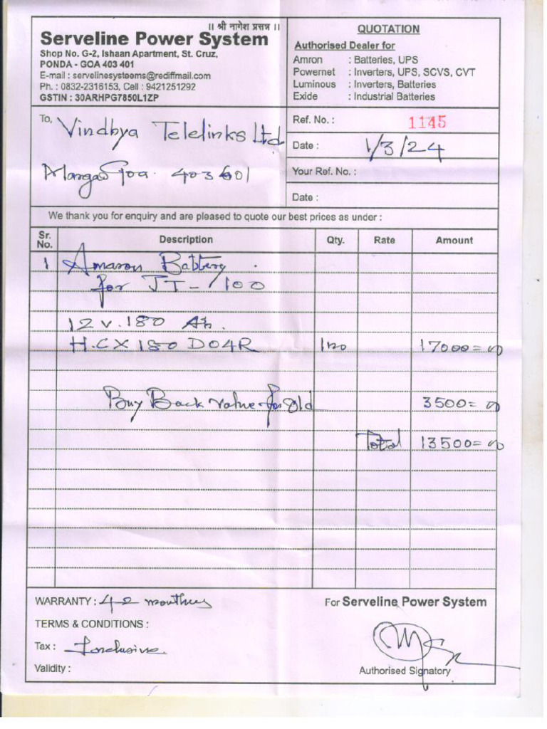 Quotation of Battery For HDD Machine (JT-100) | PDF