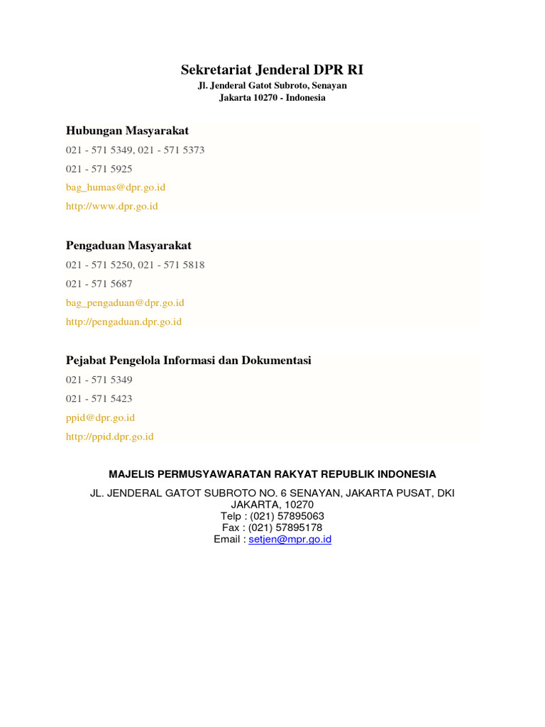 Alamat Sekretariat Jenderal DPR RI | PDF