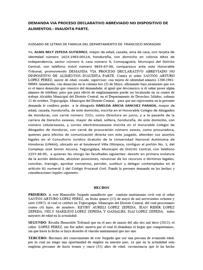 Demanda de Alimentos Inaudita Parte | PDF | Mandato | Honduras
