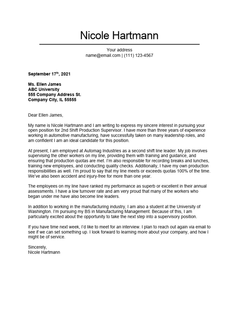 Supervisor Cover Letter Example | PDF | Career & Growth
