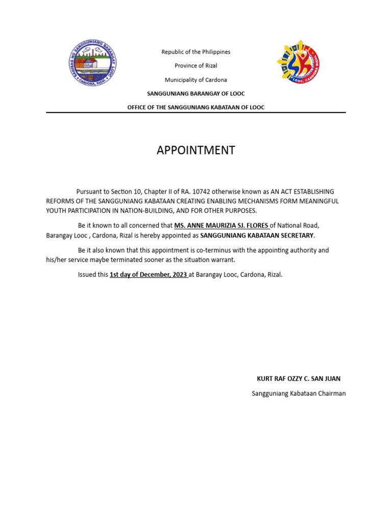 Appointment Letter | PDF | Youth Organizations