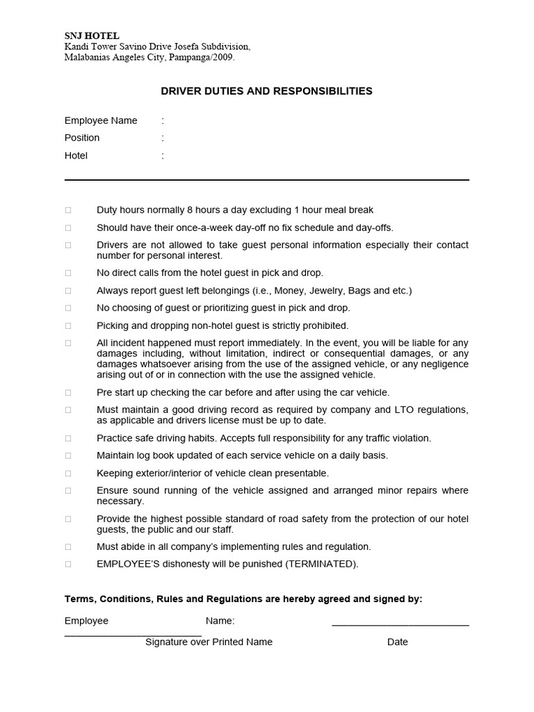 DRIVER DUTIES AND RESPONSIBILITIES | PDF