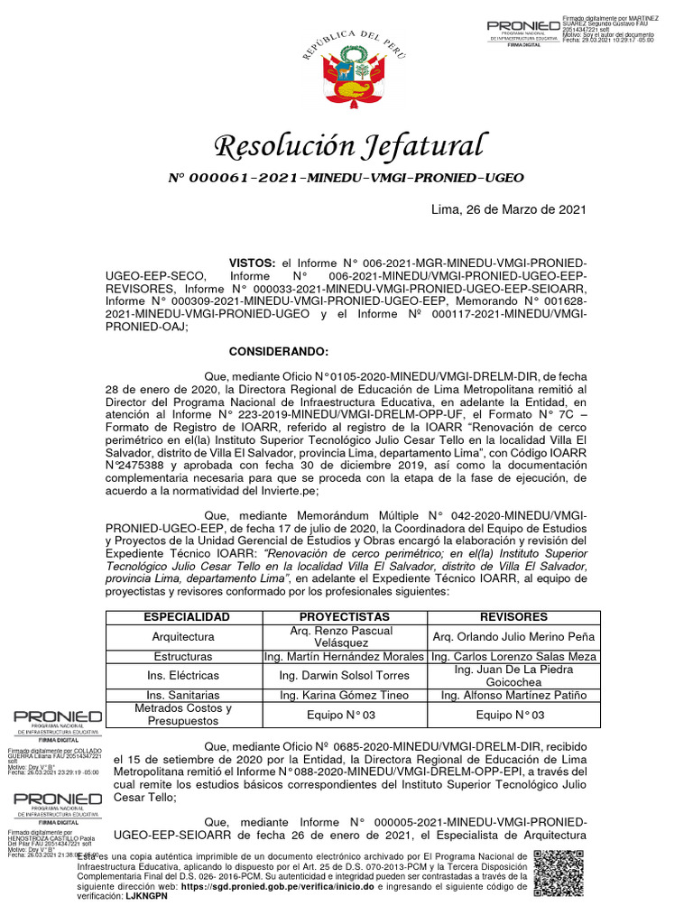 Resolución Jefatural 061 2021 MINEDU VMGI PRONIED UGEO | PDF ...