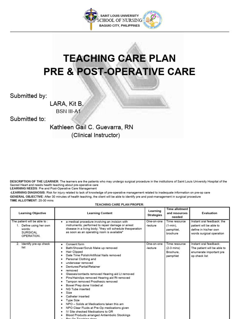 Pre & Post-Operative Care Teaching Plan | PDF | Surgery | Breathing