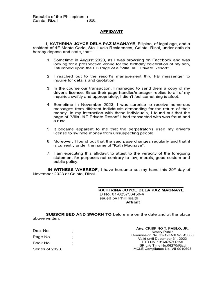 Denial-Scam-Fb-Kathrina Joyce Dela Paz Magnaye (2023) | PDF | Affidavit ...