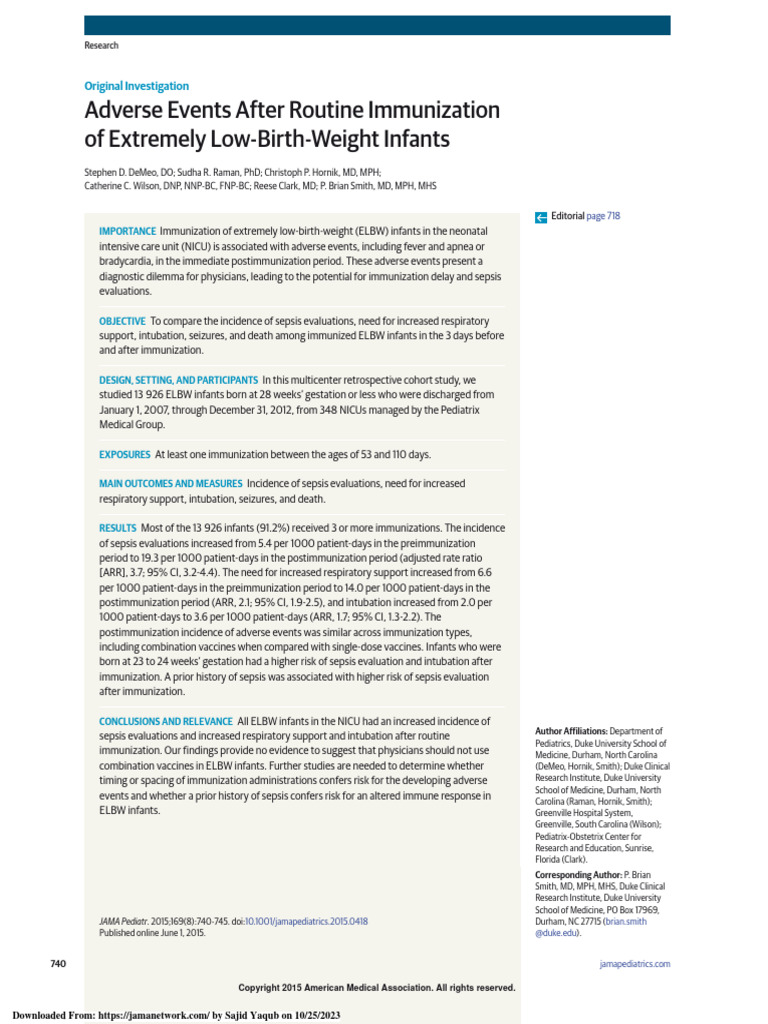 Adverse Events After Routine Immunization of Extremely Low-Birth-Weight ...