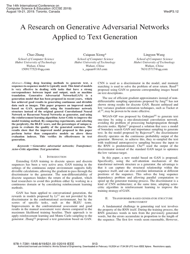 A Research On Generative Adversarial Networks Applied To Text Generation Pdf Artificial