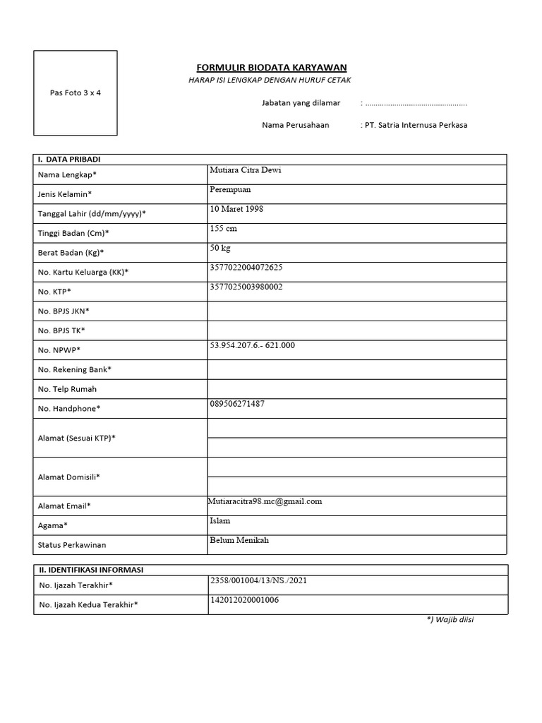 Form Biodata Karyawan Baru | PDF