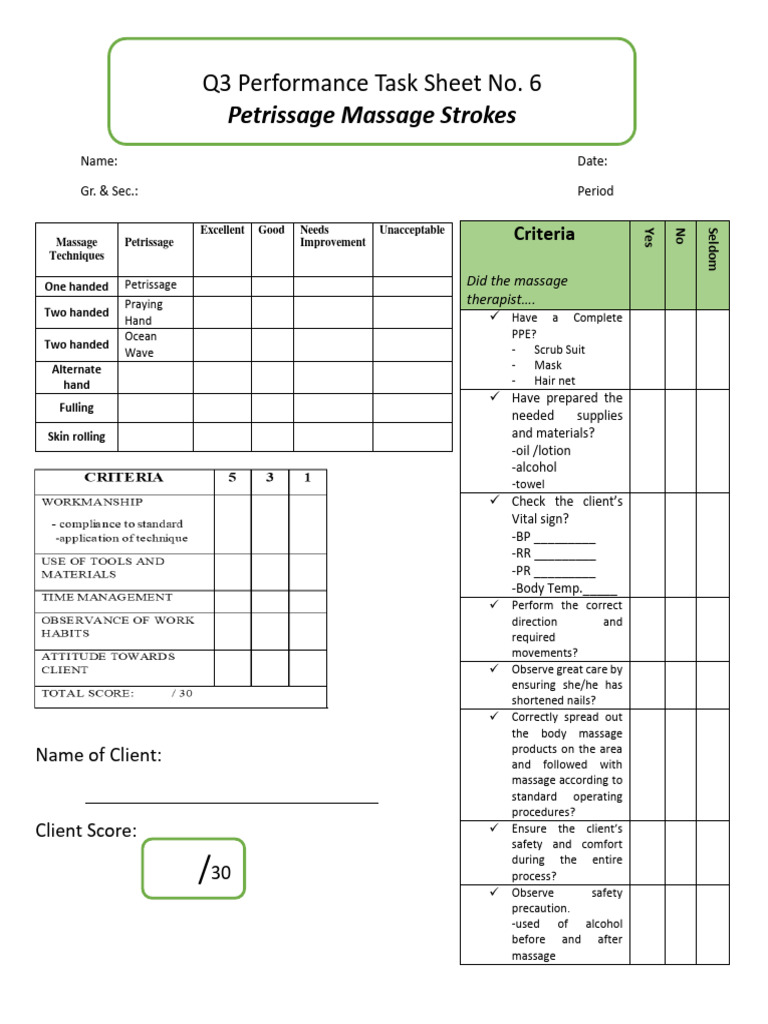 Q3 Task Sheet Petrissage | PDF | Massage