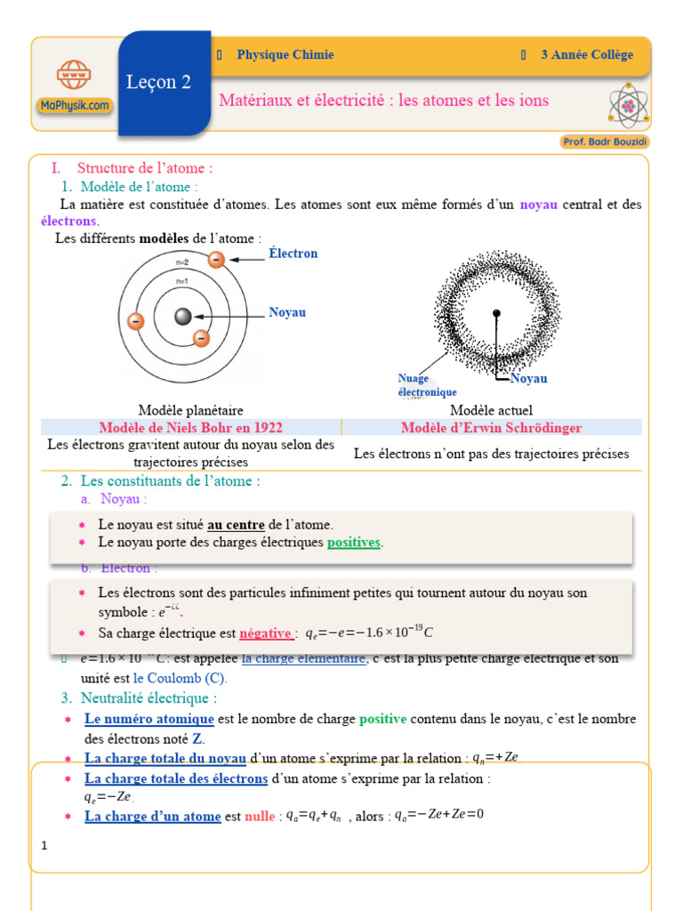 Atomes et Ions en Électricité 3AC | PDF | Ion | Atomes