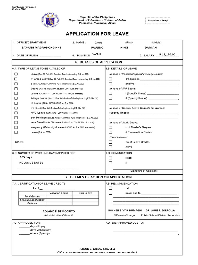 Cs Form No 6 Revised 2020 Application For Leave Fillable Pdf