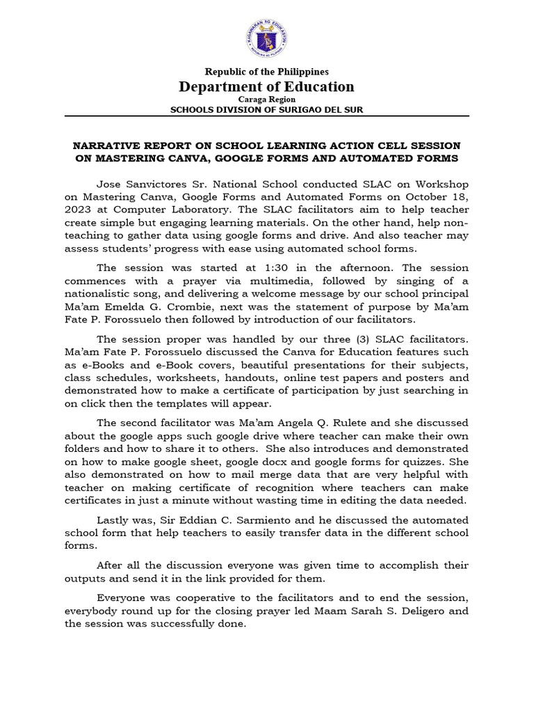 Narrative Report On School Learning Action Cell Session | PDF | Computing