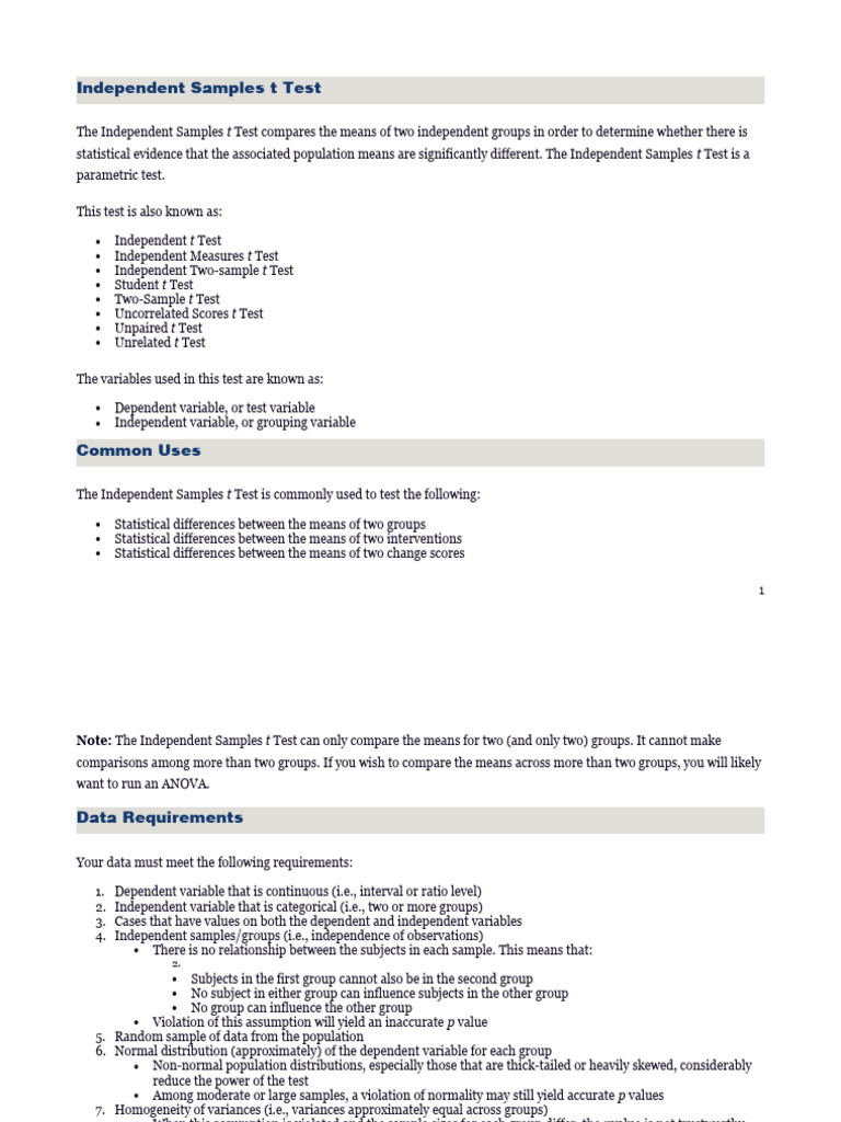 Independent Samples T Test | PDF | Student's T Test | P Value
