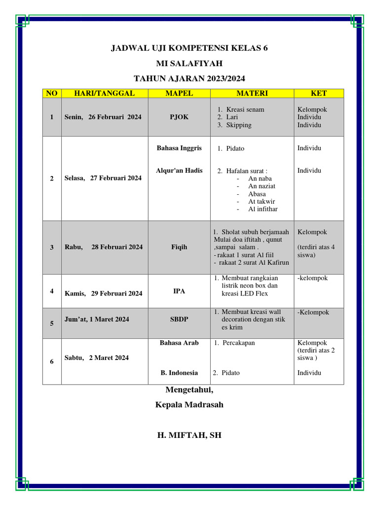 Jadwal Uji Kompetensi Kelas 6 | PDF