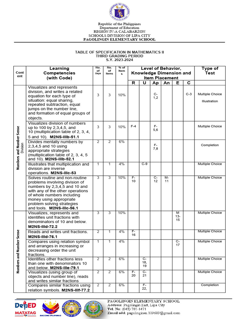 q3 Periodical Test Math With Tos 1 | PDF | Shape | Arithmetic