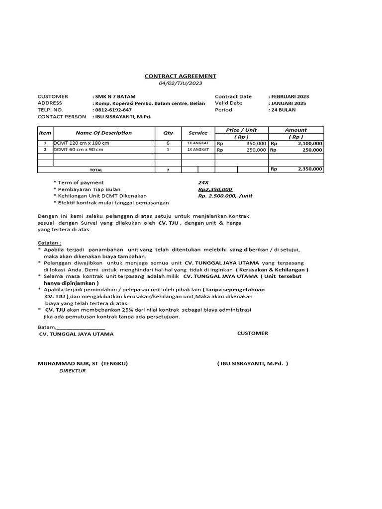 CONTRACT SEKOLAH SMK 7 BOTANIA DCMT v2 | PDF | Pengelolaan Keuangan & Uang