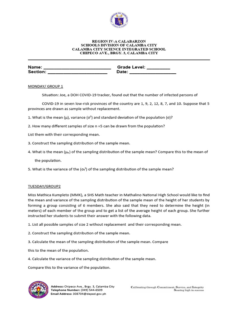 Learning Activity Sheet 6 Stat Prob Pdf Variance Standard Deviation