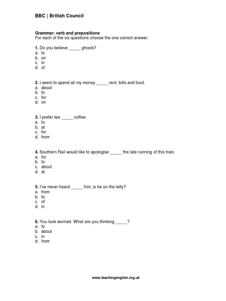 BBC - British Council: For Each of The Six Questions Choose The One ...