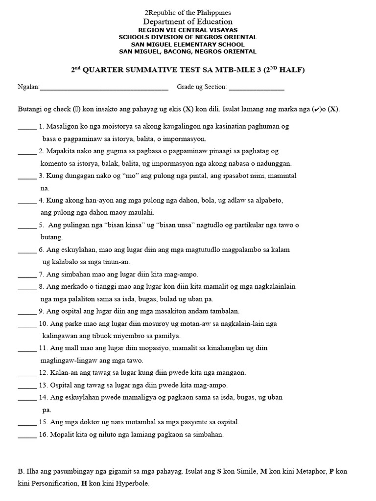 2nd Quarter Summative Test 2nd Half New | PDF
