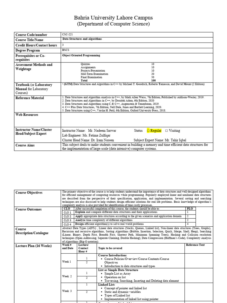DSA Course Outline 20022024 042844pm | Download Free PDF | Algorithms And Data Structures ...