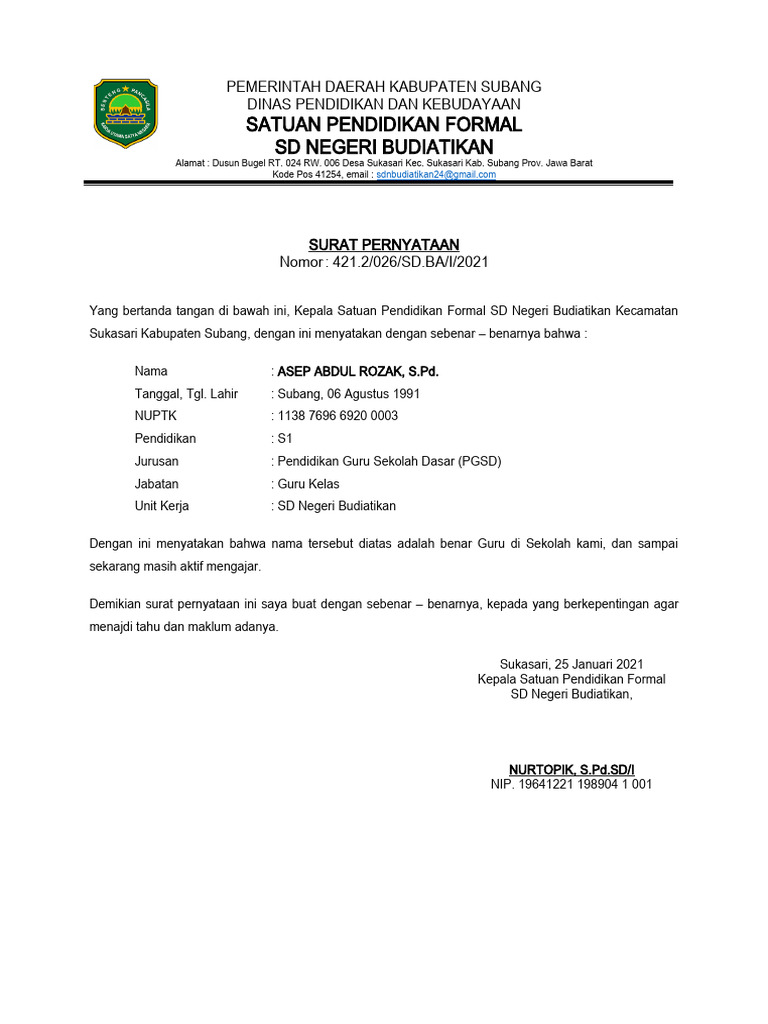 Surat Pernyataan Aktif Mengajar SDBA | PDF