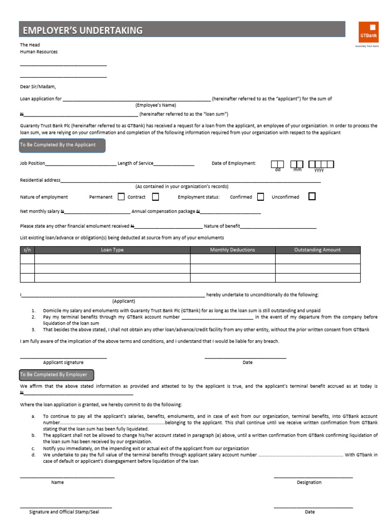 Employer Undertaking (Seal Stamp) May 2018 | PDF | Employment | Loans