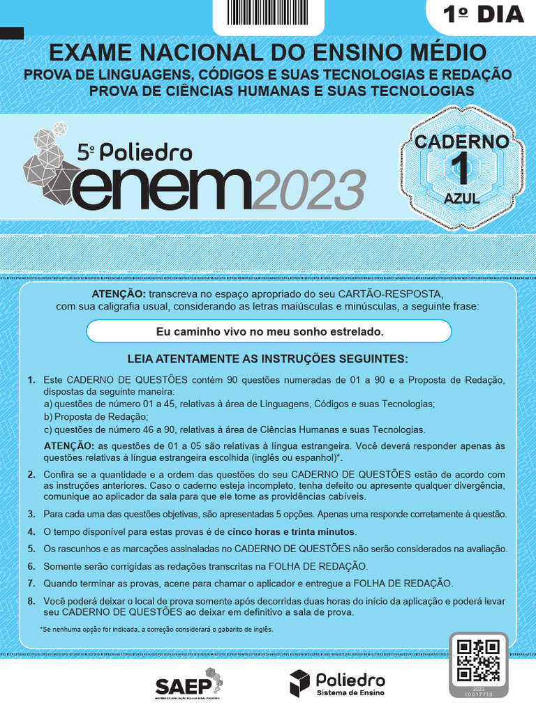 Prova Poliedro ENEM 2023 - Caderno Azul | PDF
